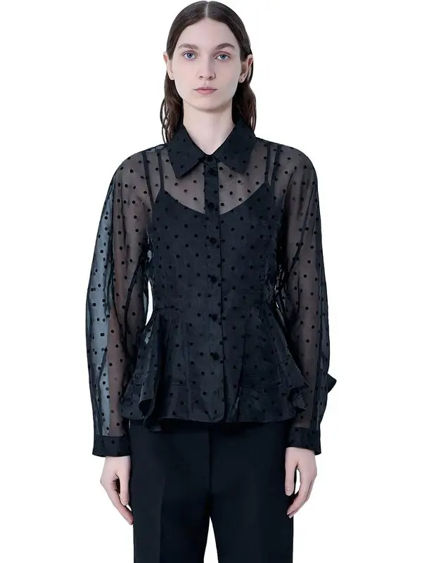 GANNI Flocked Organza Peplum Shirt - Black