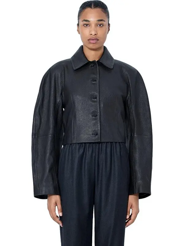 RÓHE Rounded Grain Leather Cropped Jacket - Black