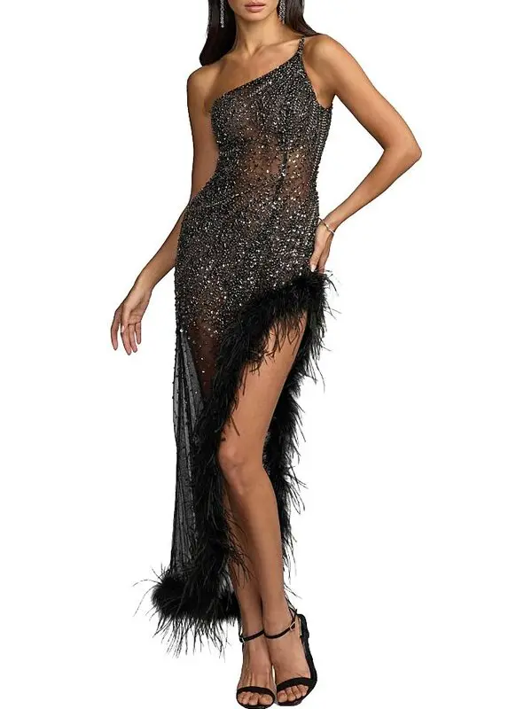 Mac Duggal One Shoulder Embellished Dress With Trim - Black