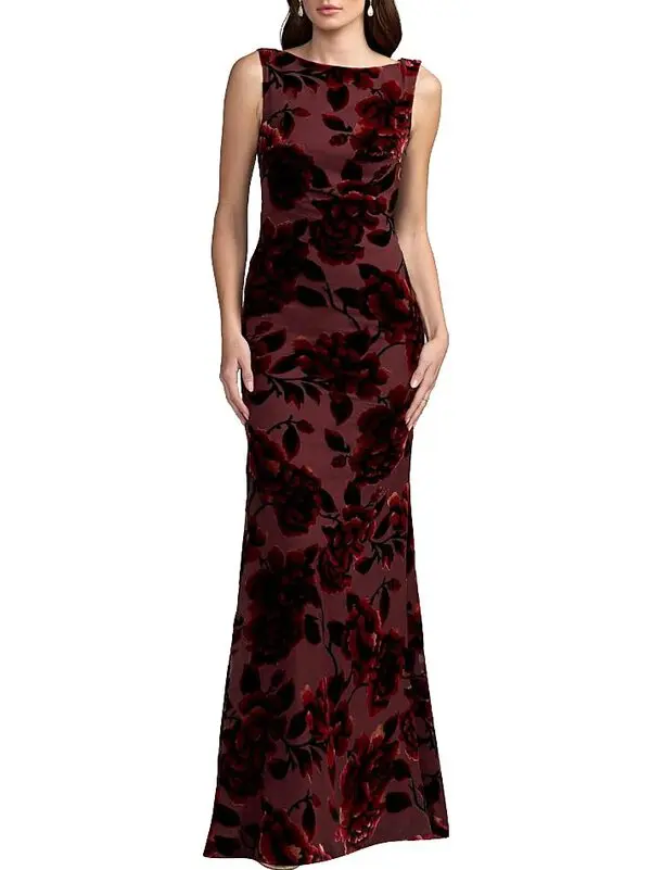 Mac Duggal Sleeveless Cowl Back Velvet Gown - Burgundy Multi