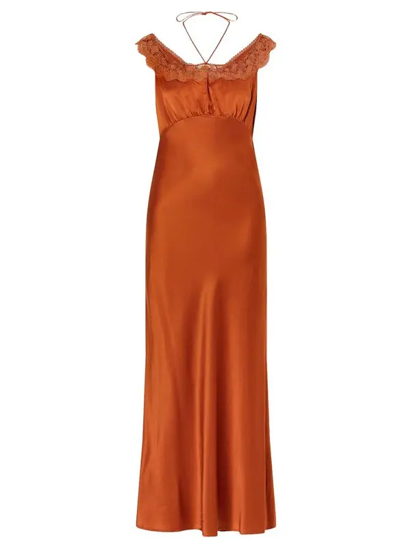 Miguelina Crochet-knit Trimmed Silk-blend Charmeuse Halterneck Maxi Dress - Orange