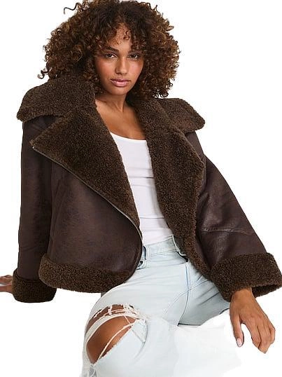 Pink Oversized Cropped Shearling Moto Jacket - Print