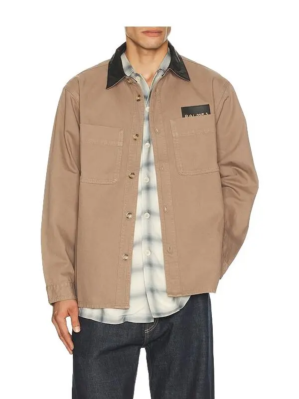 PALMES Twill Leather Collar Overshirt In Brown - Fossil