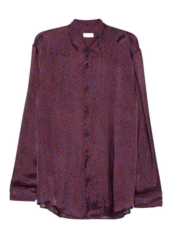 Dries Van Noten Floral Print Satin Long Sleeve Shirt - Red