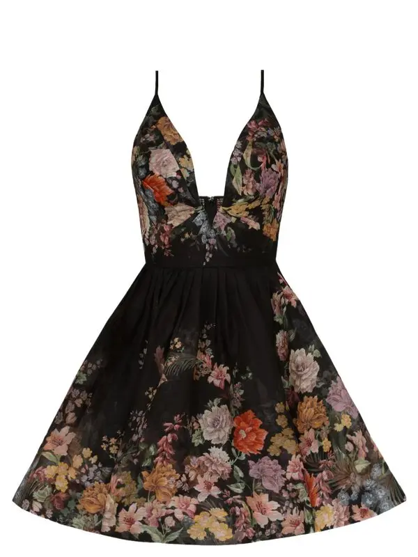 Zimmermann Pavilion V-neck Mini Dress - Black Multi-flower Pattern