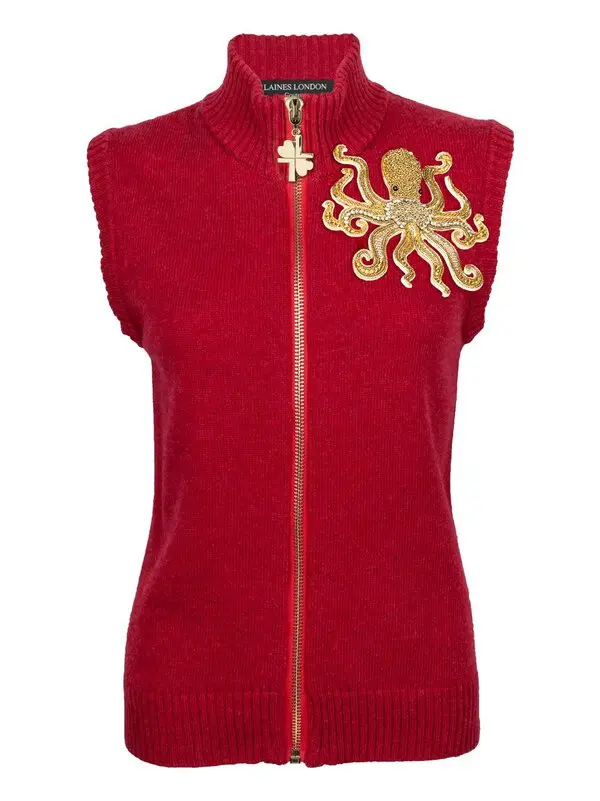 LAINES LONDON Cashmere-wool Gilet With Hand-embellished Octopus Brooch - Red