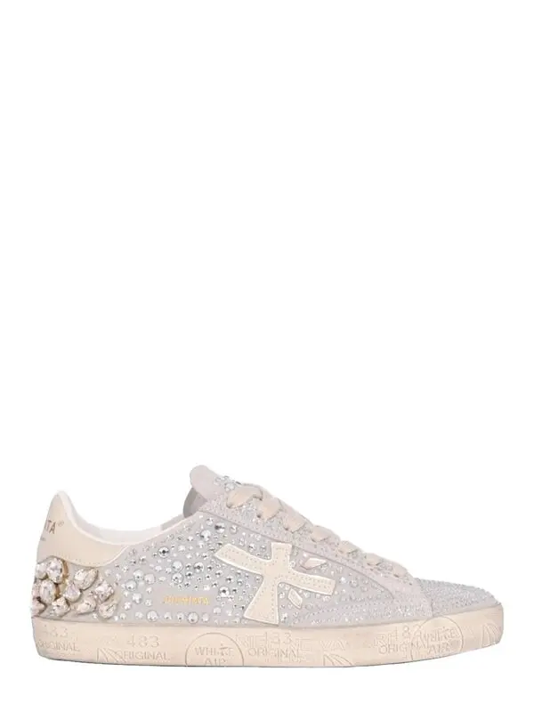 Premiata Stevend Low Top Sneakers In Leather And Suede With Rhinestone Application - Silver