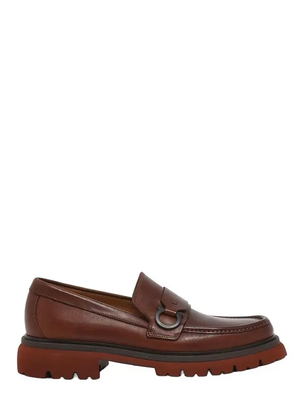 FERRAGAMO Calfskin Penny Loafers With Metallic Gancini - Brown
