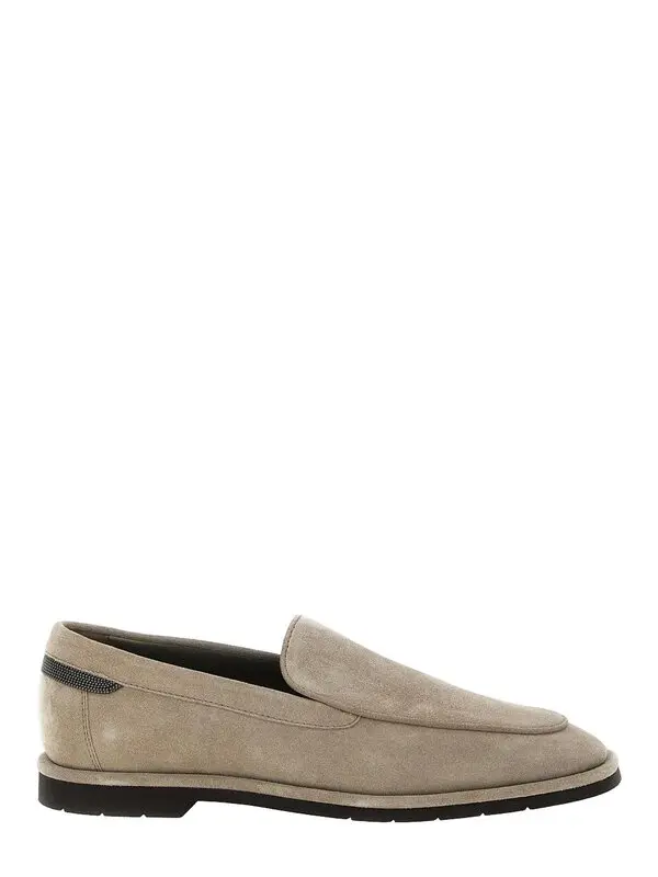 Brunello Cucinelli Suede Calfskin Loafers With Monili Embellishment - Beige