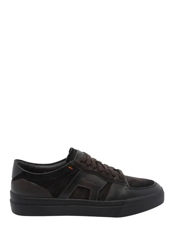 Santoni Low Top Sneakers In Leather And Suede With Perforated Toe - Dark