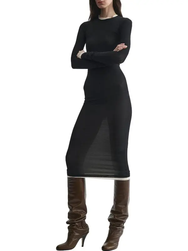 Phoebe Philo Hug Stretch Viscose Jersey Midi Sheath Dress - Black