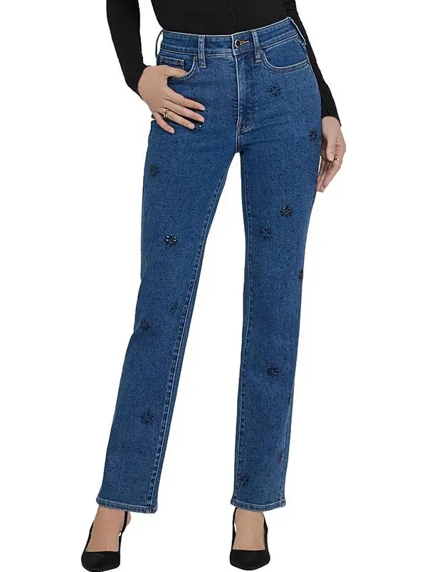 NYDJ Marilyn High Rise Floral Stone Detail Straight Jeans - Hosta