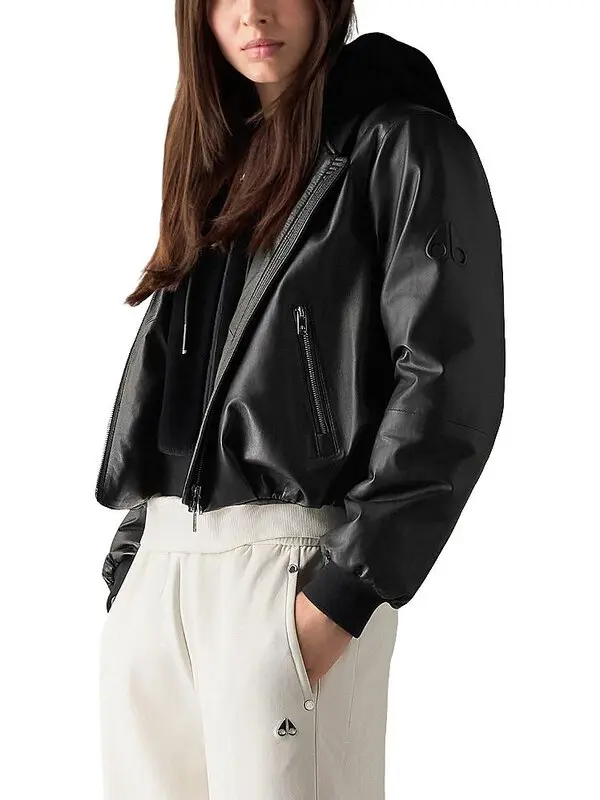 Moose Knuckles Cardin Hooded Leather Bomber Jacket - Black