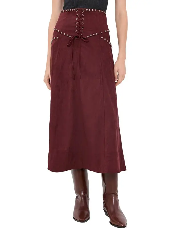 Moon River Studded Front Lace Up Faux Suede Midi Skirt - Oxblood