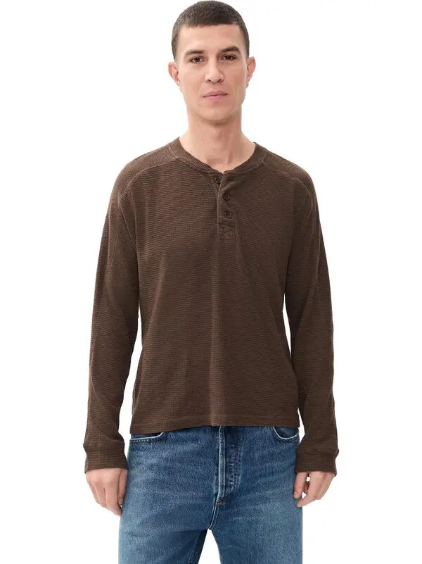 ALEX MILL Waffle Henley Tee - Roasted Bean