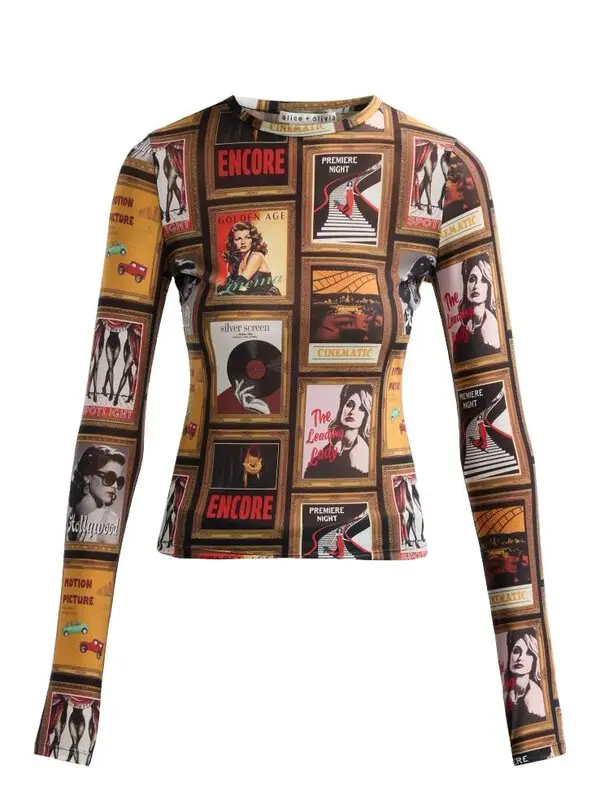 Alice + Olivia Delaina Printed Long-sleeve Crewneck Top - Silver Screen