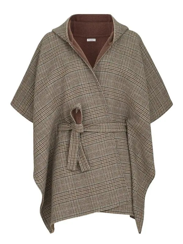 Brunello Cucinelli Hand-crafted Reversible Hooded Poncho In Cashmere Prince Of Wales Double Cloth - Brown