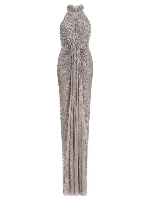 Jenny Packham Whisper Sequin-embellished Halter Gown - Granite