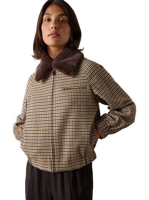 Whistles Fur Collar Checked Bomber Jacket - Brwn/multi
