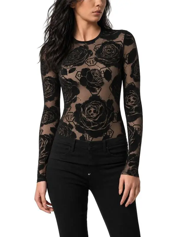 Philipp Plein Tulle Body Flock Flower Monogram - Onyx