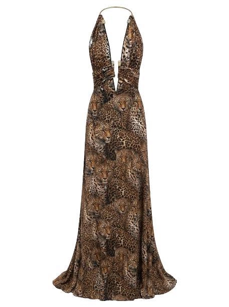 Philipp Plein Open Back Piercing Long Dress All-over Leopard - Beige