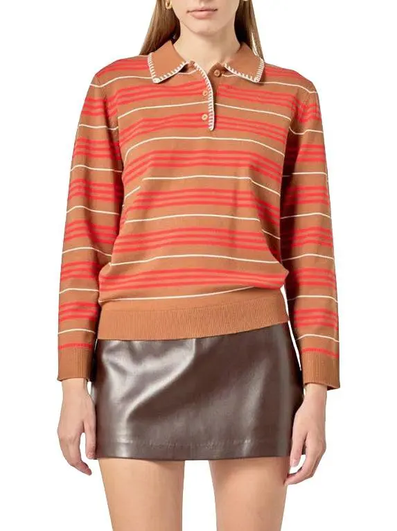 English Factory Striped Long Sleeve Knit Polo - Camel Multi