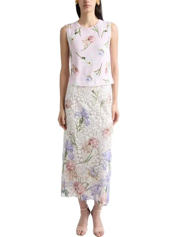 Oscar De La Renta Iris Degradé Printed Lace Midi Skirt - White Multi