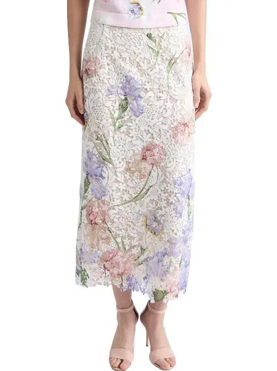 Oscar De La Renta Iris Degradé Printed Lace Midi Skirt - White Multi