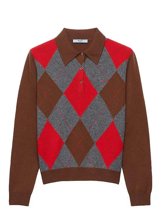 Prada Argyle-intarsia Polo-collar Cashmere Jumper - Brown