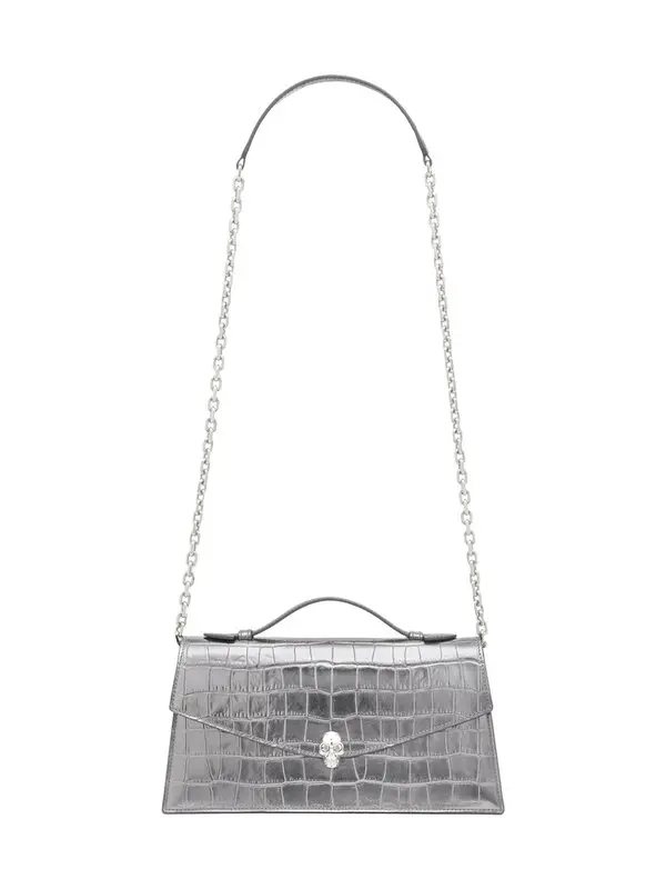 Alexander McQueen Croc-embossed Metallic Leather Skull Shoulder Bag - Silver