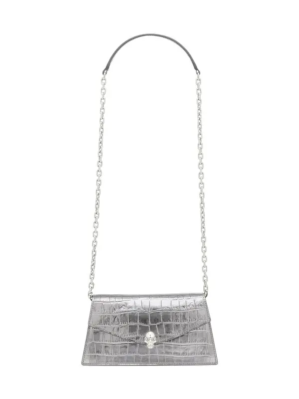 Alexander McQueen Mini Croc-embossed Metallic Leather Skull Shoulder Bag - Silver