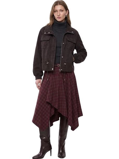 Koton Long Sleeve Funnel Neck Faux Suede Jacket - Brown