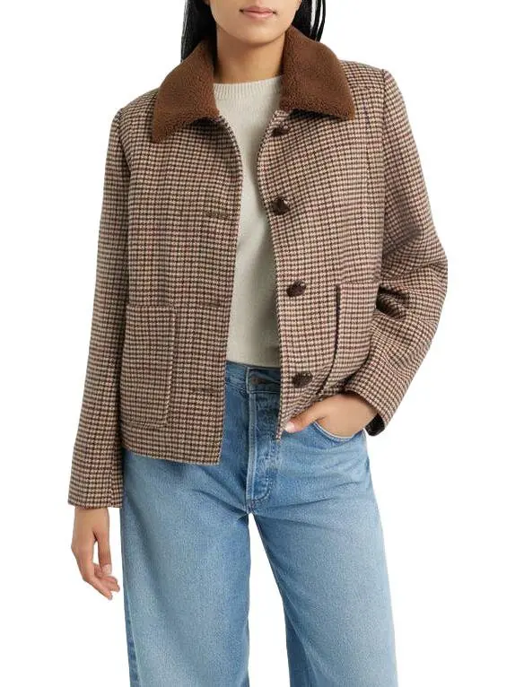 Sam Edelman Houndstooth Jacket With Faux Shearling Collar - Multi Houndstooth