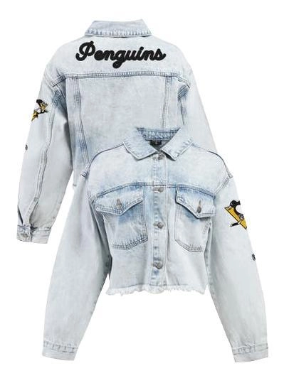 HYPE AND VICE Pittsburgh Penguins Chenille Raw Edge Cropped Full-button Jean Jacket - Denim
