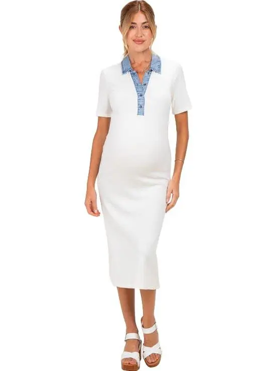PINKBLUSH White Denim Contrast Collar Knit Midi Dress - Ivory