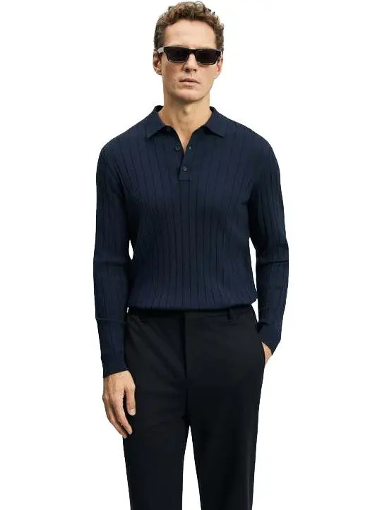 LUFIAN Long Sleeve Polo Sweater - Navy