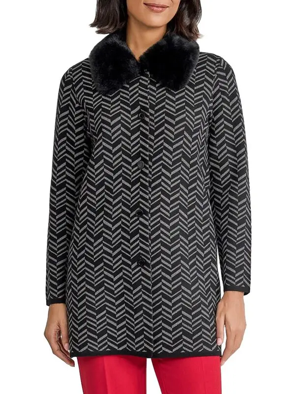 KASPER Faux Fur Collar Herringbone Cardigan - Black/silver