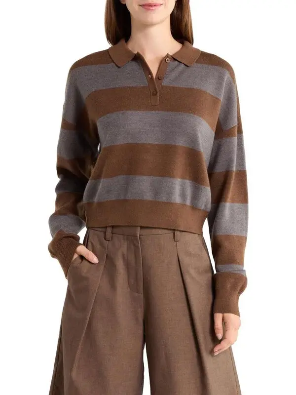 Sam Edelman Striped Wool Blend Polo Sweater - Walnut