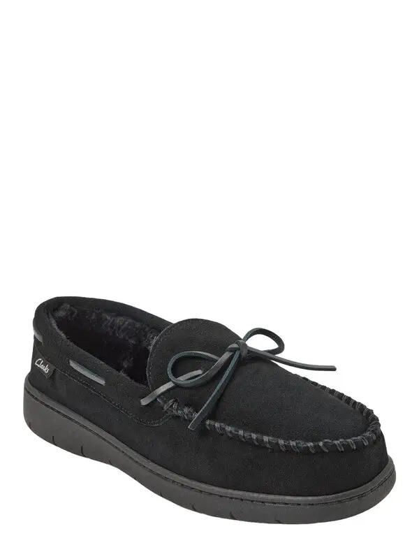 Clarks Genuine Cow Suede Moccasin With Leather Lacing And Tipped Faux Fur Slippers - Black