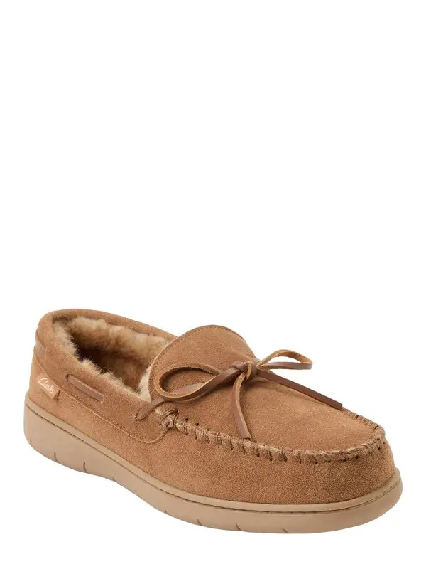 Clarks Genuine Cow Suede Moccasin With Leather Lacing And Tipped Faux Fur Slippers - Cinnamon