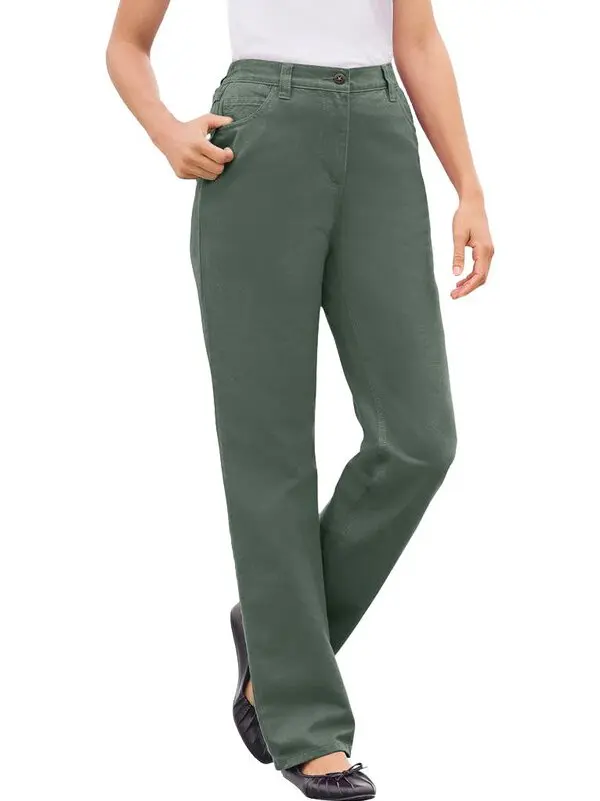 WOMAN WITHIN Perfect Back Elastic Gap Free Straight Leg Cotton Jeans - Pine