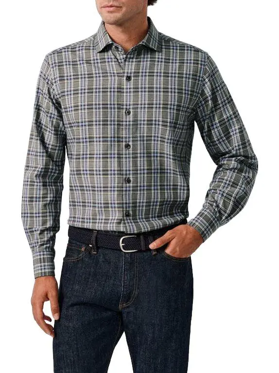 David Donahue Plaid Cotton Sport Shirt - Olive/multi