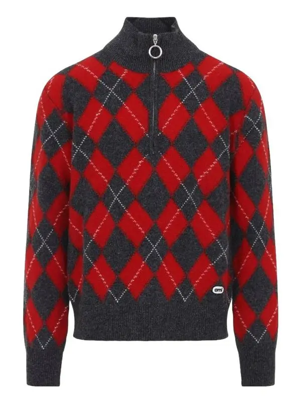 AMI Paris Long-sleeve Knit Top - Carbon Ash/ruby Red