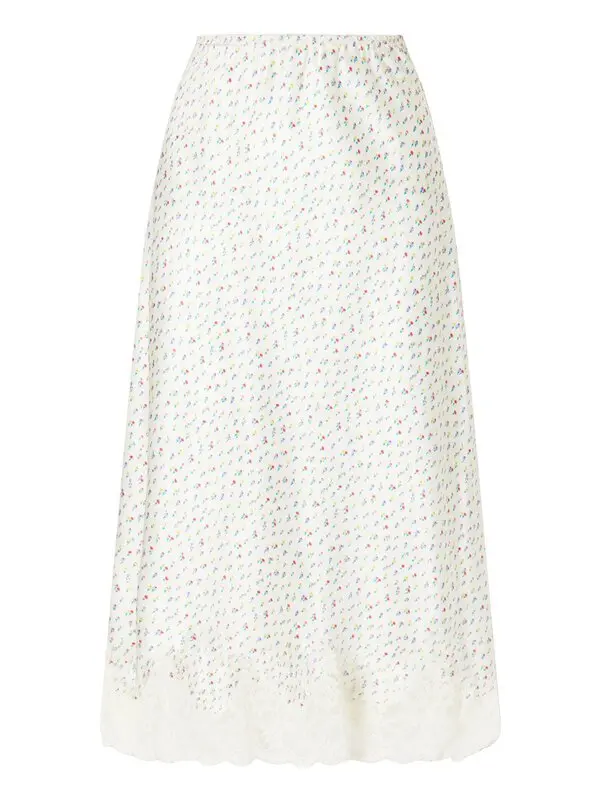 Rabanne Floral-print Lace-trimmed Silk-satin Midi Skirt - Multi