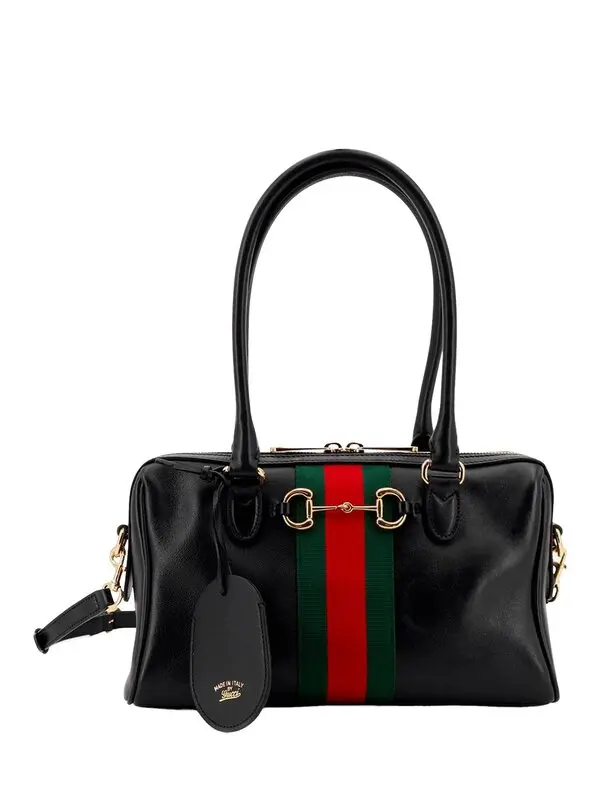 Gucci Borsetto Leather Handbag With Web Detail On The Front - Black