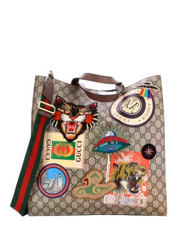 Gucci Courrier Convertible Soft Open Gg Coated Canvas With Applique North South Tote Bag - Brown