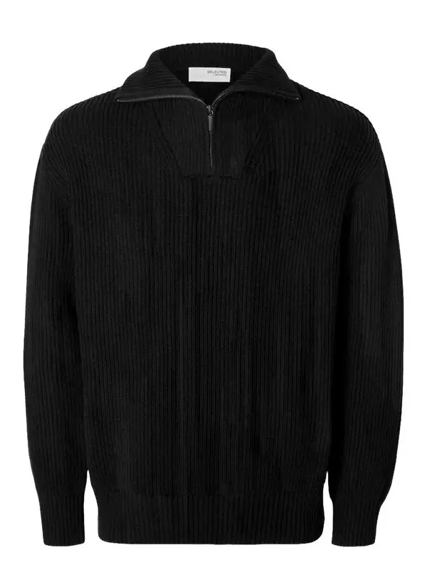 SELECTED Ribbed-knit Half-zip Sweater - Black
