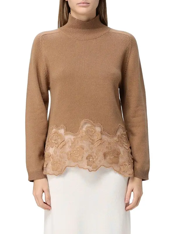 Fabiana Filippi Virgin Wool, Silk And Cashmere Jumper With Lace Inserts - Camel
