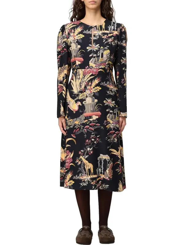 Etro Ethnic Print Crêpe Midi Sheath Dress With Long Sleeves - Black
