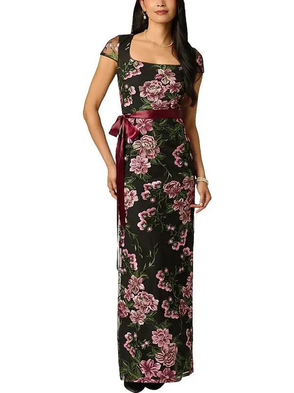 Adrianna Papell Satin Belt Jacquard Column Gown - Black Multi